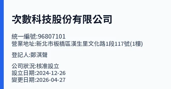 次數科技股份有限公司的照片-統編 96807101(新北市) 公司登記資料與營業項目詳細圖表