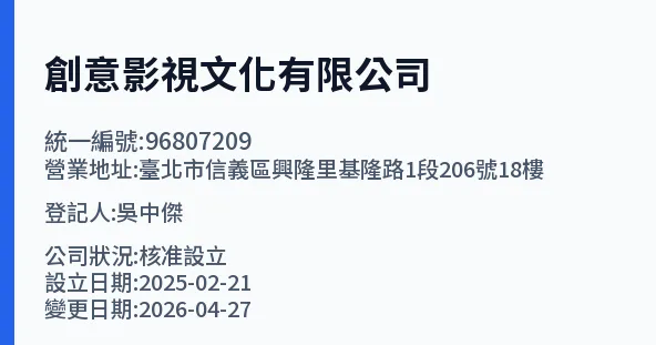 創意影視文化有限公司的照片-統編 96807209(臺北市) 公司登記資料與營業項目詳細圖表