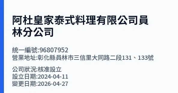 阿杜皇家泰式料理有限公司員林分公司的照片-統編 96807952(彰化縣) 公司登記資料與營業項目詳細圖表
