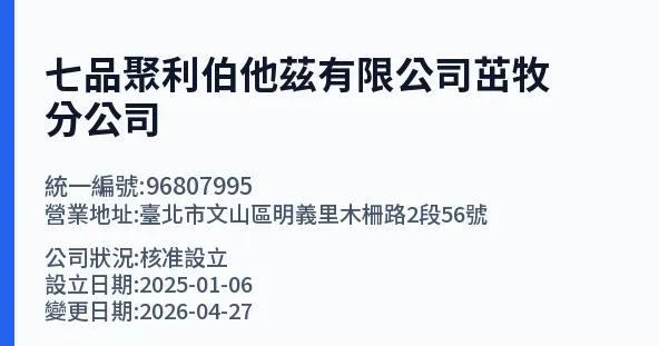 七品聚利伯他茲有限公司茁牧分公司的照片-統編 96807995(臺北市) 公司登記資料與營業項目詳細圖表