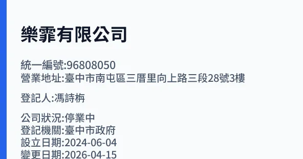 樂霏有限公司的照片-統編 96808050(臺中市) 公司登記資料與營業項目詳細圖表