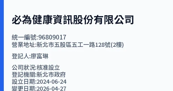 必為健康資訊股份有限公司的照片-統編 96809017(新北市) 公司登記資料與營業項目詳細圖表