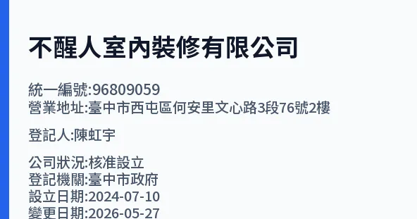 不醒人室內裝修有限公司的照片-統編 96809059(臺中市) 公司登記資料與營業項目詳細圖表