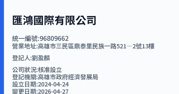 匯鴻國際有限公司的照片-統編 96809662(高雄市) 公司登記資料與營業項目詳細圖表