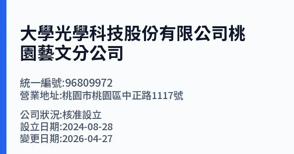 大學光學科技股份有限公司桃園藝文分公司的照片-統編 96809972(桃園市) 公司登記資料與營業項目詳細圖表