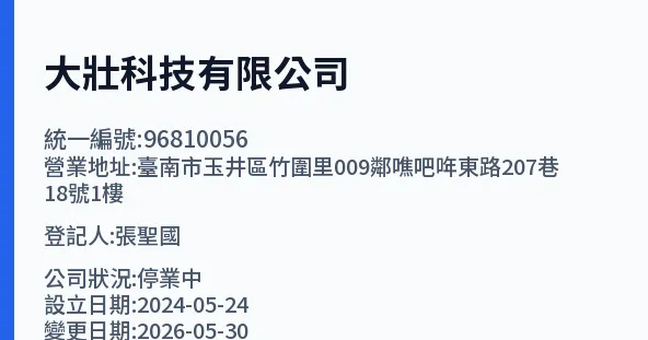 大壯科技有限公司的照片-統編 96810056(臺南市) 公司登記資料與營業項目詳細圖表