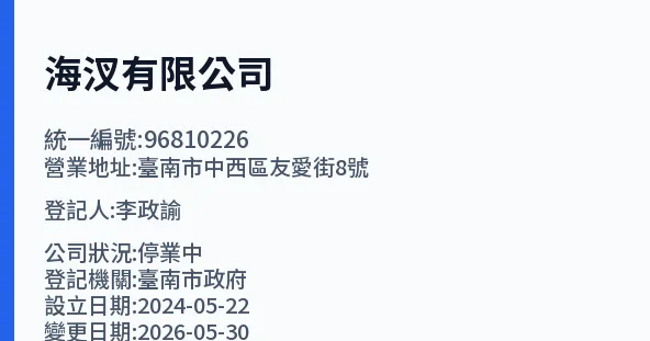 海汊有限公司的照片-統編 96810226(臺南市) 公司登記資料與營業項目詳細圖表