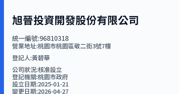 旭晉投資開發股份有限公司的照片-統編 96810318(桃園市) 公司登記資料與營業項目詳細圖表