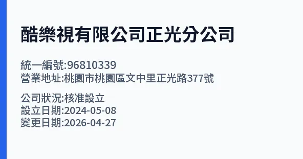 酷樂視有限公司正光分公司的照片-統編 96810339(桃園市) 公司登記資料與營業項目詳細圖表