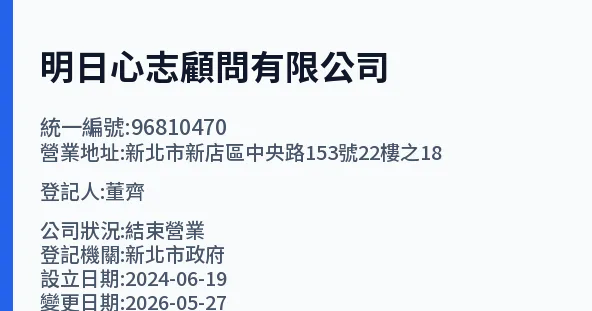 明日心志顧問有限公司的照片-統編 96810470(新北市) 公司登記資料與營業項目詳細圖表
