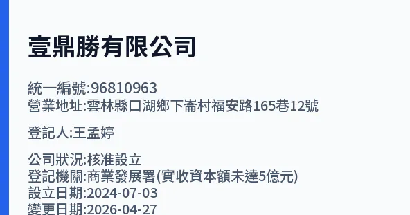 壹鼎勝有限公司的照片-統編 96810963(雲林縣) 公司登記資料與營業項目詳細圖表