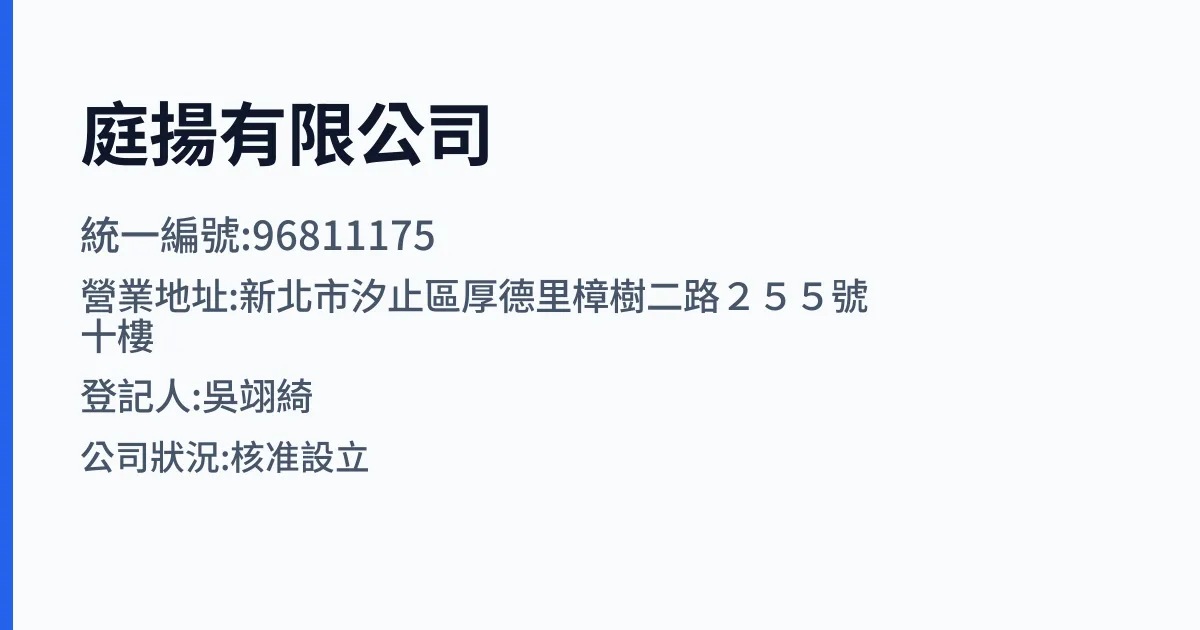 庭揚有限公司 - 統編 96811175（新北市） 公司登記資料與營業項目詳細圖表