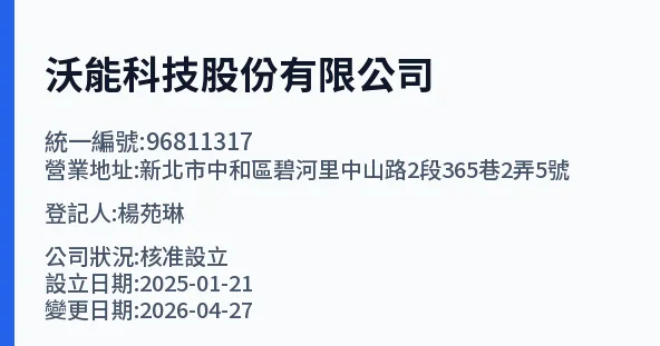 沃能科技股份有限公司的照片-統編 96811317(新北市) 公司登記資料與營業項目詳細圖表