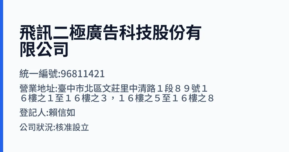 飛訊二極廣告科技股份有限公司 - 統編 96811421(臺中市) 公司登記資料與營業項目詳細圖表