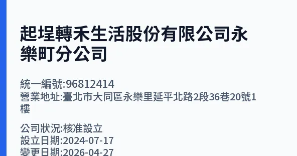 起埕轉禾生活股份有限公司永樂町分公司的照片-統編 96812414(臺北市) 公司登記資料與營業項目詳細圖表