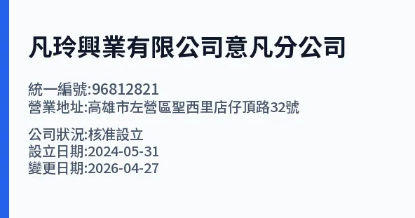 凡玲興業有限公司意凡分公司的照片-統編 96812821(高雄市) 公司登記資料與營業項目詳細圖表