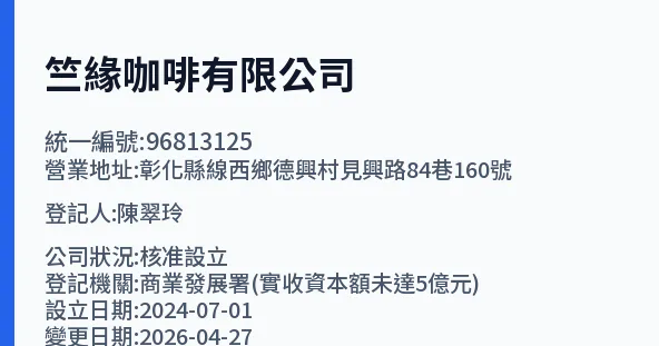 竺緣咖啡有限公司的照片-統編 96813125(彰化縣) 公司登記資料與營業項目詳細圖表