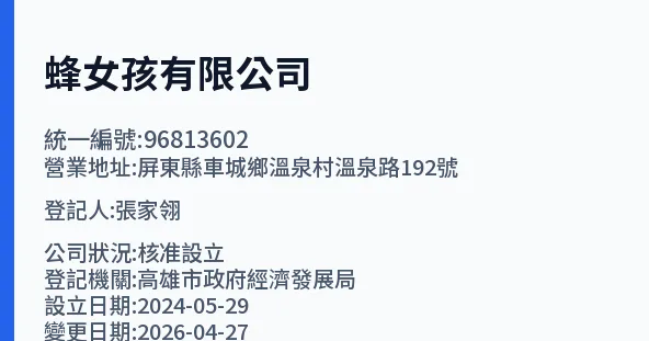 蜂女孩有限公司的照片-統編 96813602(屏東縣) 公司登記資料與營業項目詳細圖表