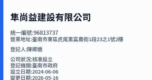 隼尚益建設有限公司的照片-統編 96813737(臺南市) 公司登記資料與營業項目詳細圖表