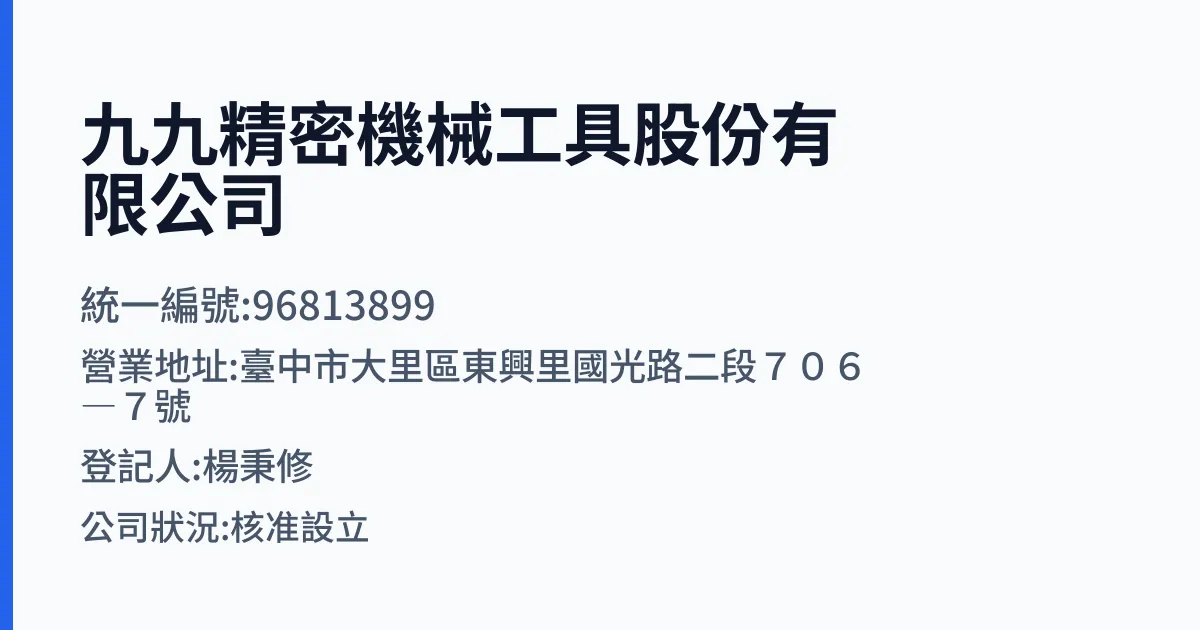 九九精密機械工具股份有限公司 - 統編 96813899(臺中市) 公司登記資料與營業項目詳細圖表