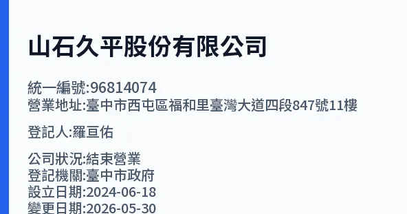 山石久平股份有限公司的照片-統編 96814074(臺中市) 公司登記資料與營業項目詳細圖表