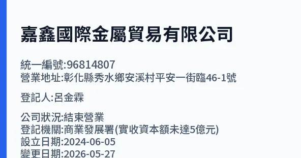 嘉鑫國際金屬貿易有限公司的照片-統編 96814807(彰化縣) 公司登記資料與營業項目詳細圖表
