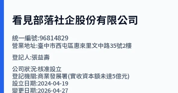 看見部落社企股份有限公司的照片-統編 96814829(臺中市) 公司登記資料與營業項目詳細圖表