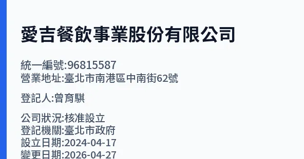 愛吉餐飲事業股份有限公司的照片-統編 96815587(臺北市) 公司登記資料與營業項目詳細圖表