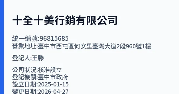 十全十美行銷有限公司的照片-統編 96815685(臺中市) 公司登記資料與營業項目詳細圖表