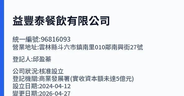 益豐泰餐飲有限公司的照片-統編 96816093(雲林縣) 公司登記資料與營業項目詳細圖表