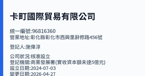 卡町國際貿易有限公司的照片-統編 96816360(彰化縣) 公司登記資料與營業項目詳細圖表