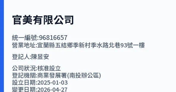 官美有限公司的照片-統編 96816657(宜蘭縣) 公司登記資料與營業項目詳細圖表
