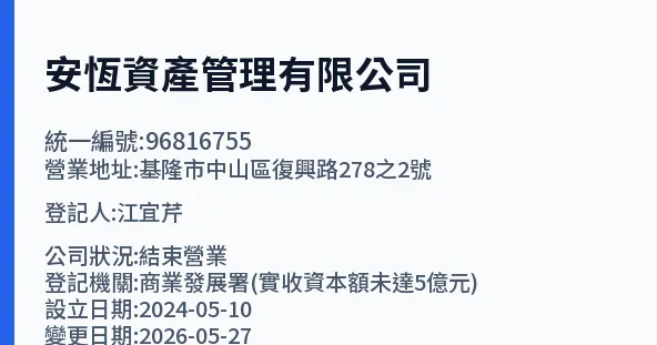 安恆資產管理有限公司的照片-統編 96816755(基隆市) 公司登記資料與營業項目詳細圖表