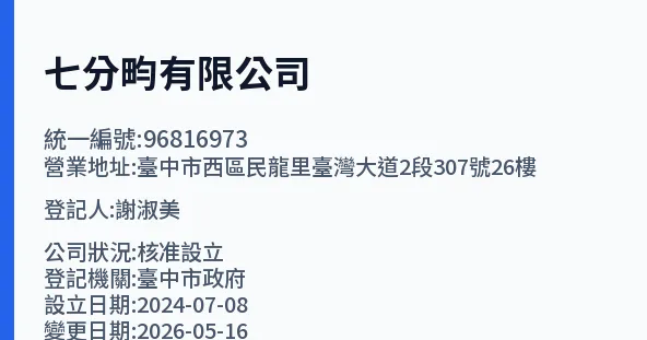 七分畇有限公司的照片-統編 96816973(臺中市) 公司登記資料與營業項目詳細圖表