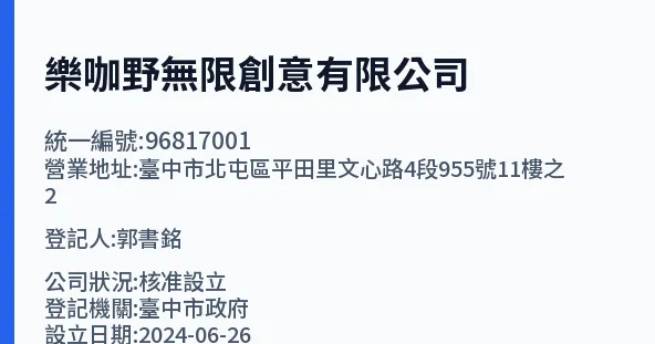 樂咖野無限創意有限公司的照片-統編 96817001(臺中市) 公司登記資料與營業項目詳細圖表