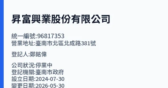 昇富興業股份有限公司的照片-統編 96817353(臺南市) 公司登記資料與營業項目詳細圖表