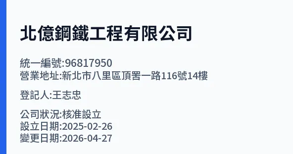北億鋼鐵工程有限公司的照片-統編 96817950(新北市) 公司登記資料與營業項目詳細圖表