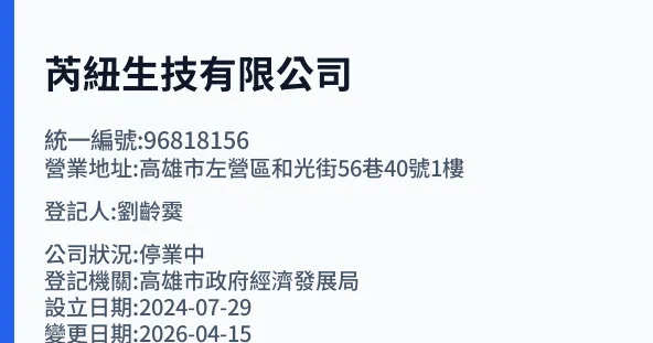 芮紐生技有限公司的照片-統編 96818156(高雄市) 公司登記資料與營業項目詳細圖表