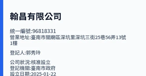 翰昌有限公司的照片-統編 96818331(臺南市) 公司登記資料與營業項目詳細圖表