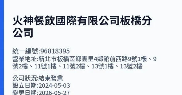 火神餐飲國際有限公司板橋分公司的照片-統編 96818395(新北市) 公司登記資料與營業項目詳細圖表