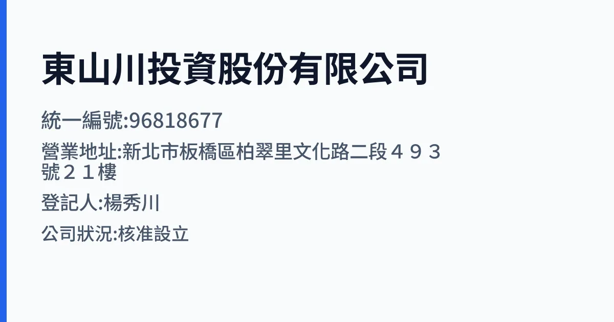 東山川投資股份有限公司 - 統編 96818677(新北市) 公司登記資料與營業項目詳細圖表