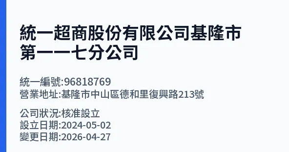 統一超商股份有限公司基隆市第一一七分公司的照片-統編 96818769(基隆市) 公司登記資料與營業項目詳細圖表