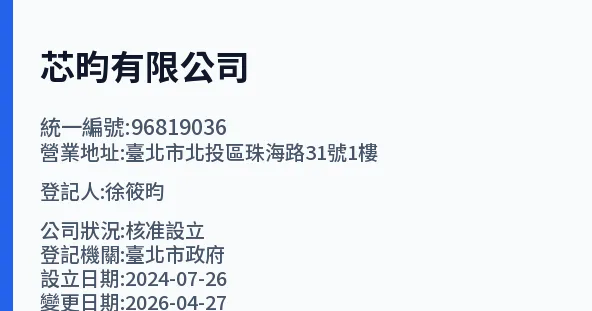 芯昀有限公司的照片-統編 96819036(臺北市) 公司登記資料與營業項目詳細圖表