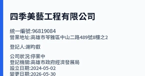 四季美藝工程有限公司的照片-統編 96819084(高雄市) 公司登記資料與營業項目詳細圖表