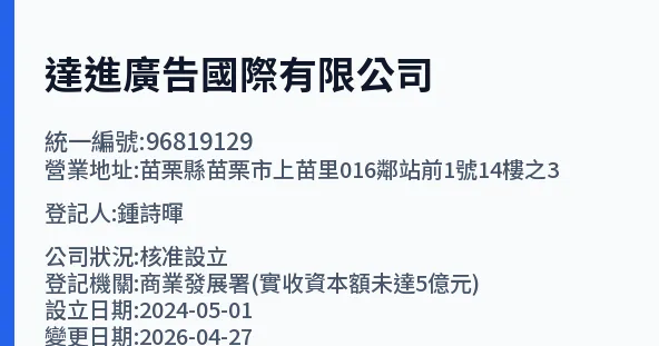 達進廣告國際有限公司的照片-統編 96819129(苗栗縣) 公司登記資料與營業項目詳細圖表