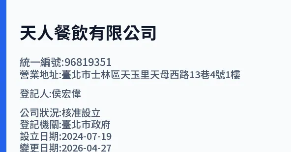 天人餐飲有限公司的照片-統編 96819351(臺北市) 公司登記資料與營業項目詳細圖表