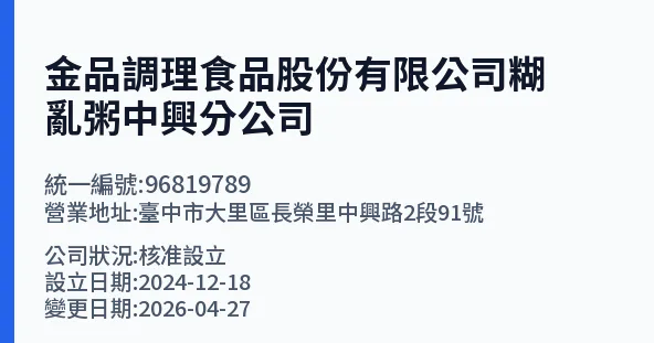 金品調理食品股份有限公司糊亂粥中興分公司的照片-統編 96819789(臺中市) 公司登記資料與營業項目詳細圖表