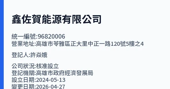 鑫佐賀能源有限公司的照片-統編 96820006(高雄市) 公司登記資料與營業項目詳細圖表