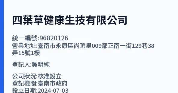 四葉草健康生技有限公司的照片-統編 96820126(臺南市) 公司登記資料與營業項目詳細圖表