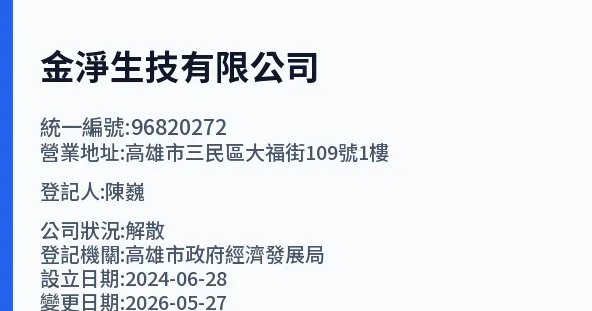 金淨生技有限公司的照片-統編 96820272(高雄市) 公司登記資料與營業項目詳細圖表